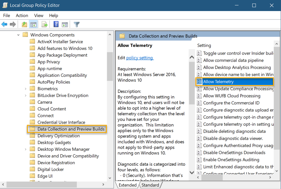 Windows Telemetry configured to "Full"