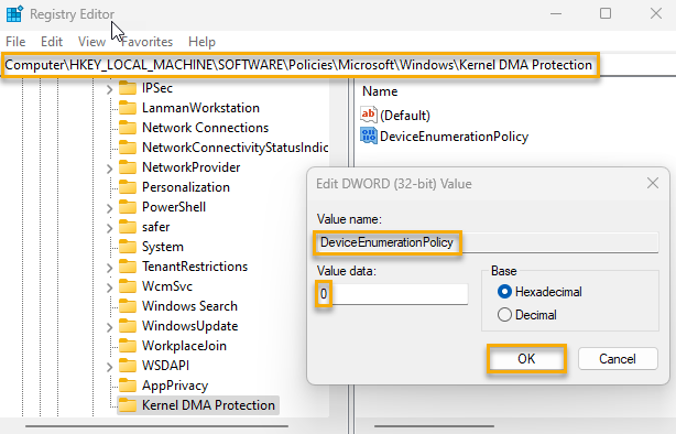 Windows 10 Kernel (Direct Memory Access) DMA Protection must be enabled