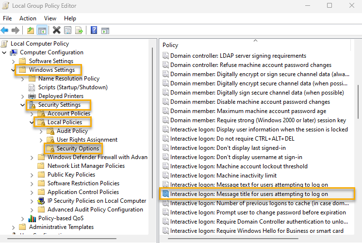 Configure 'Interactive logon: Message title for users attempting to log ...