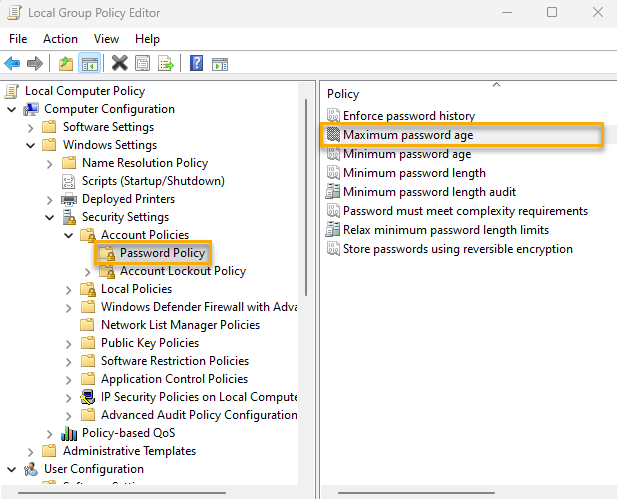 The maximum password age must be configured to 60 days or less