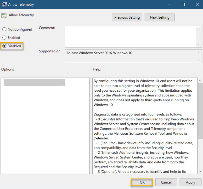 Windows Telemetry configured to "Full"