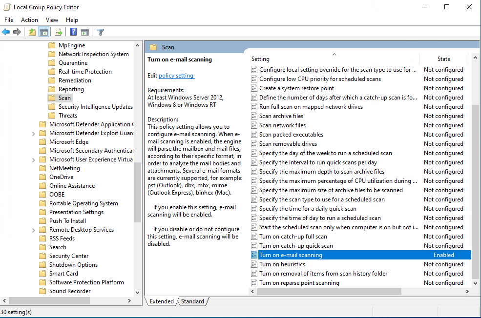 Windows Defender email scanning disabled